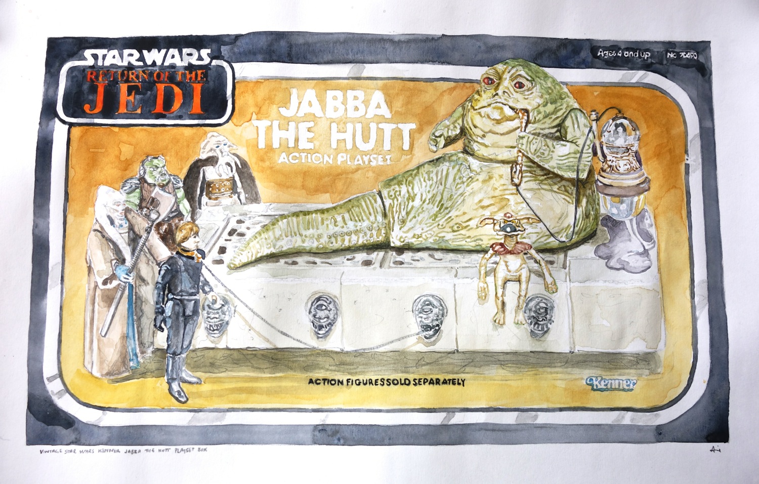 Watercolor Painting of Vintage Kenner Jabba the Hutt Action Playset Box ...